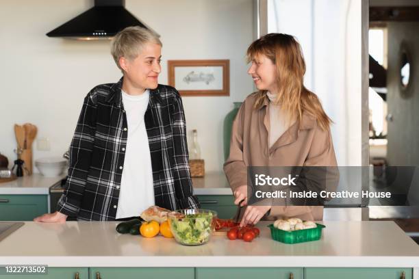 Two Loving Girlfriends Cooking Preparing Food Breakfast Together Lgbt