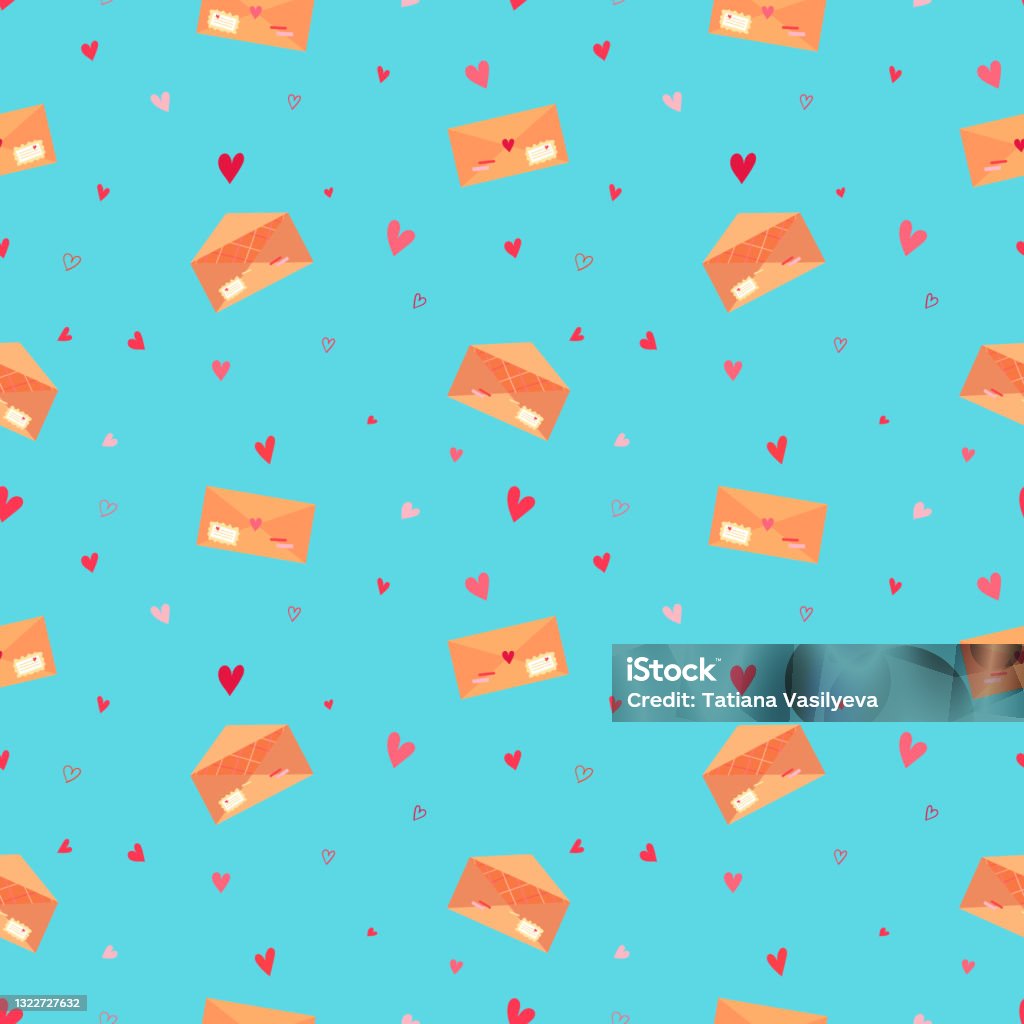 Vector Romantic Pattern With A Love Letter Envelope With Stamps And Hearts On A Blue Background