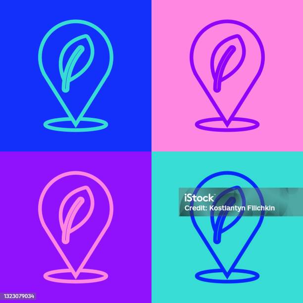 Pop Art Lijn Locatie Met Blad Pictogram Geïsoleerd Op Kleur Achtergrond