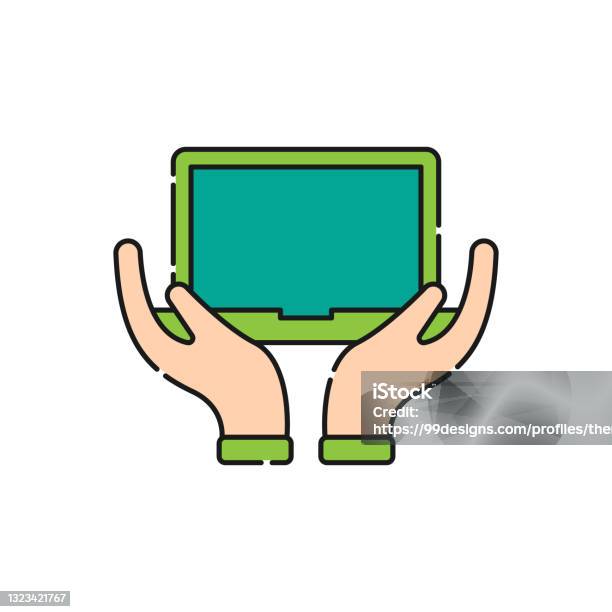Ordinateur Portable Avec Icône De Main Vector Design Icône Dordinateur