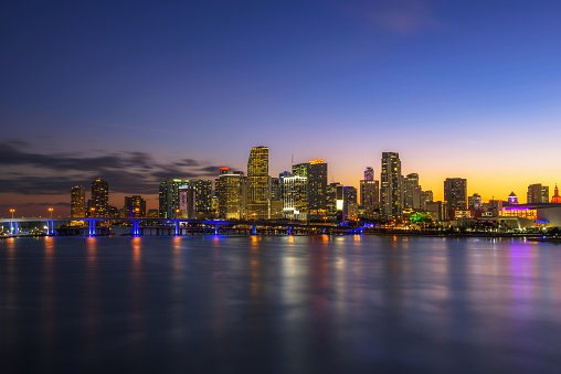Sunset Above Downtown Miami Skyline And Biscayne Bay Stock Photo ... Sunset Above Downtown Miami Skyline And Biscayne Bay Stock Photo ...