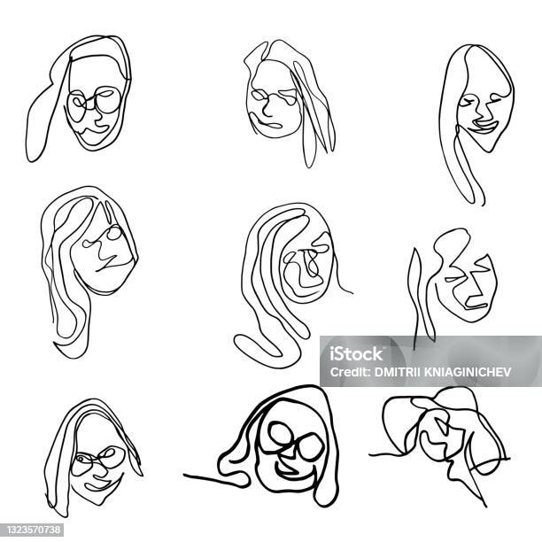Satu Set Wajah Wanita Digambar Dengan Tangan Dalam Satu Baris