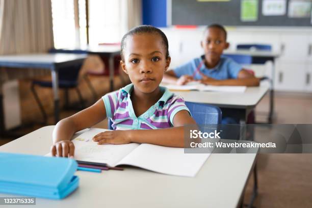 Potret Gadis Afrika Amerika Duduk Di Mejanya Di Kelas Di Sekolah Foto Stok Unduh Gambar