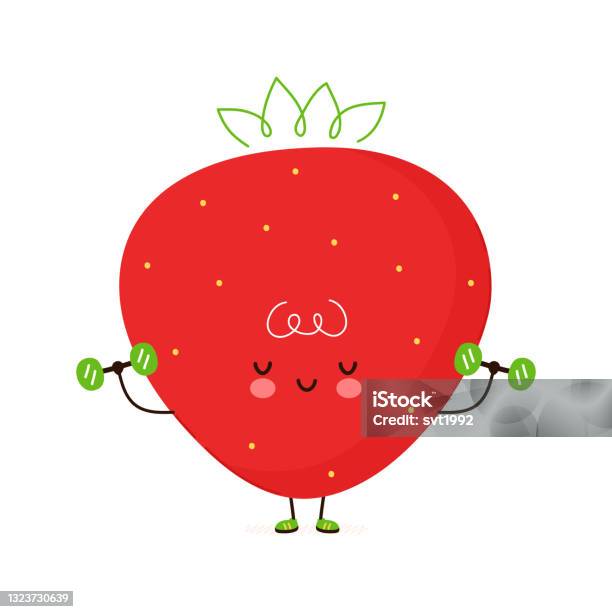 Lucu Lucu Strawberry Dengan Dumbbells Vektor Tangan Digambar Kartun