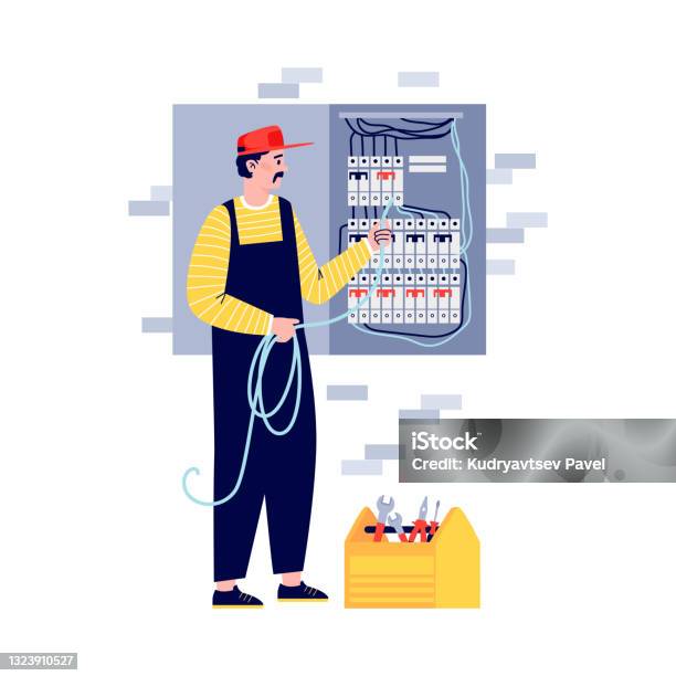 Tukang Listrik Atau Lineman Yang Menghubungkan Kabel Ilustrasi Vektor