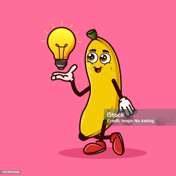 Karakter Buah Pisang Yang Lucu Dengan Bola Lampu Ide Di Tangan Konsep Ikon Karakter Buah