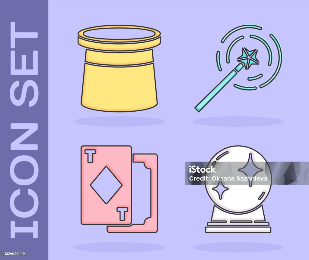 Set Magic Ball Magician Hat Playing Cards And Magic Wand Icon Vector ... Set Magic Ball Magician Hat Playing Cards And Magic Wand Icon Vector ...