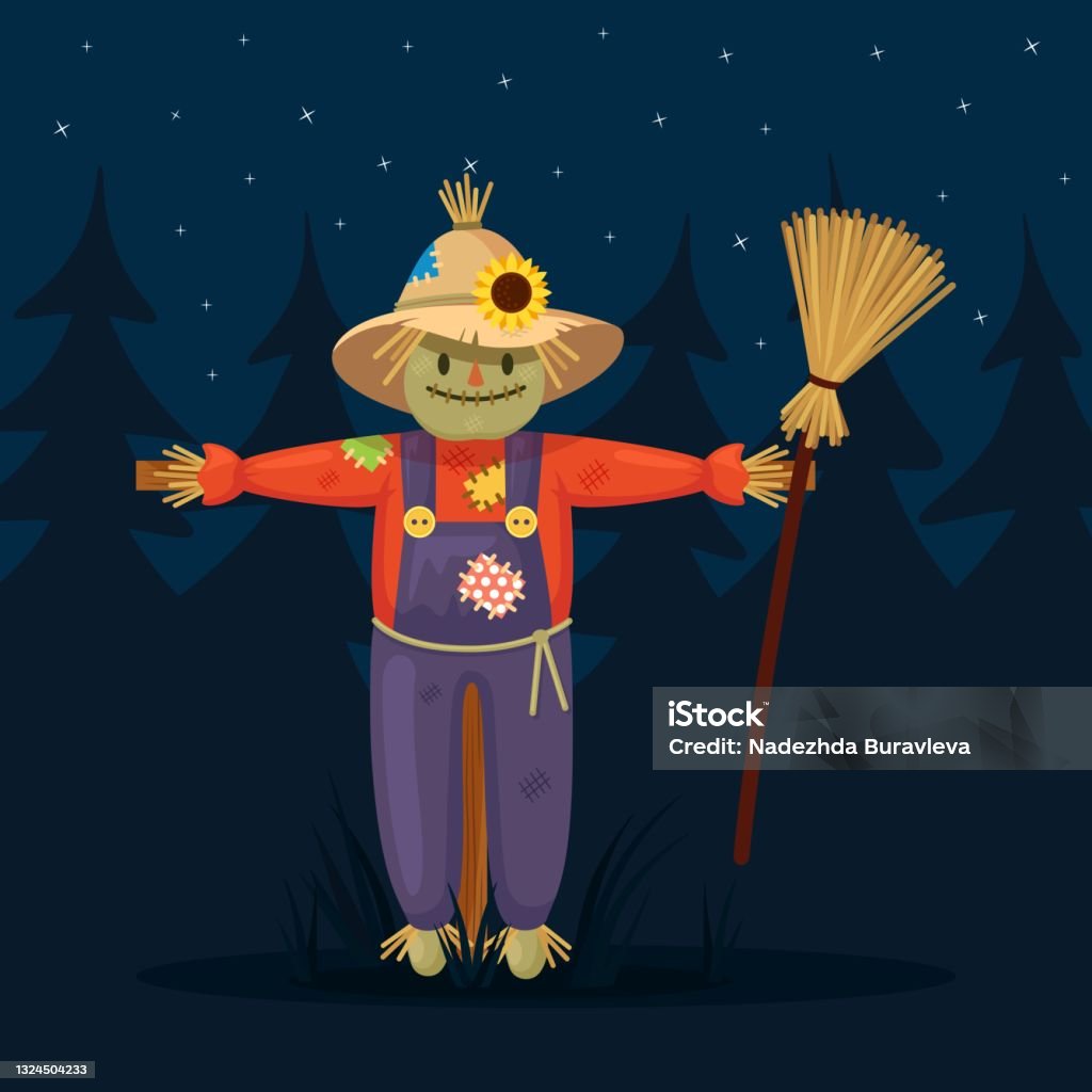 Tersenyum Orangorangan Sawah Di Kebun Kartun Desain Datar Ilustrasi