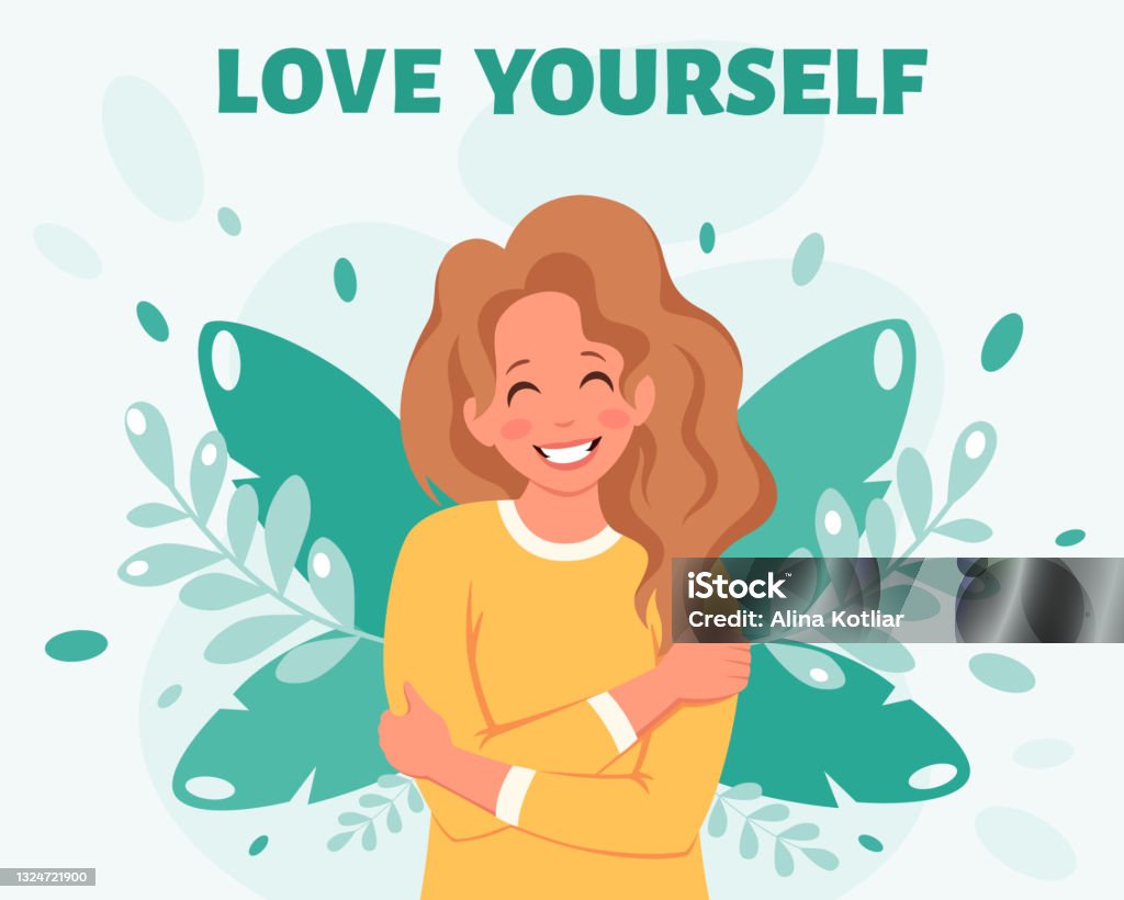 Love Yourself Concept Woman Hugging Herself Vector Illustration Stock
