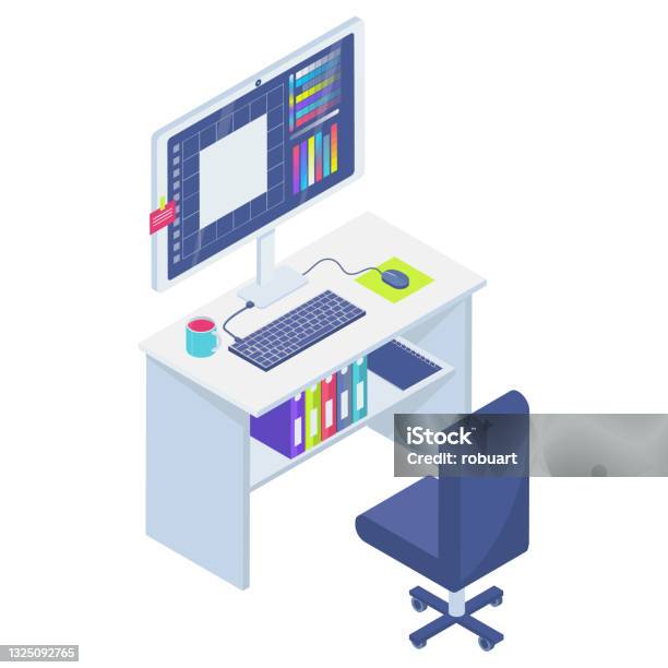 Konsep Isometrik Tempat Kerja Desain Grafis Dengan Ilustrasi Vektor