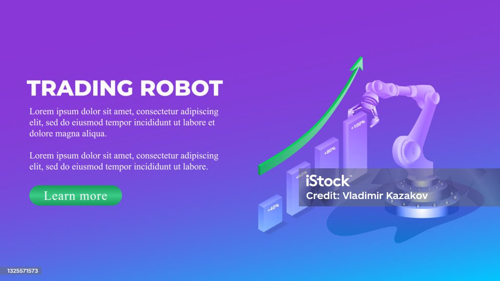 Trading Robot Isometric Concept With Chart And Upward Arrow And Copy Space Automatic Bot Trading