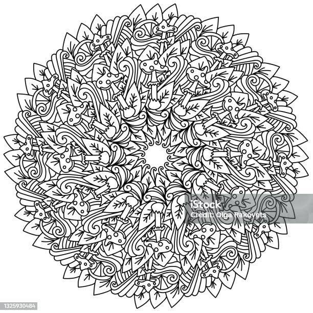 Mandala Kontur Dengan Jamur Dan Daun Halaman Mewarnai Abstrak Dengan