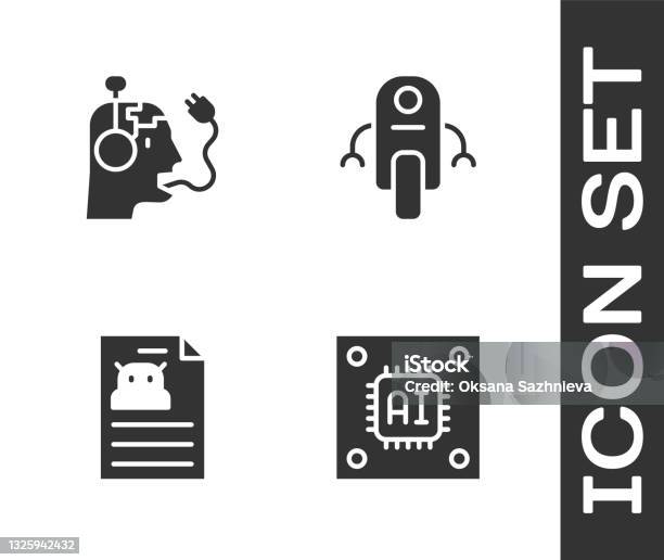 Set Processor With Microcircuits Cpu Robot Charging Battery Technical Specification And Icon
