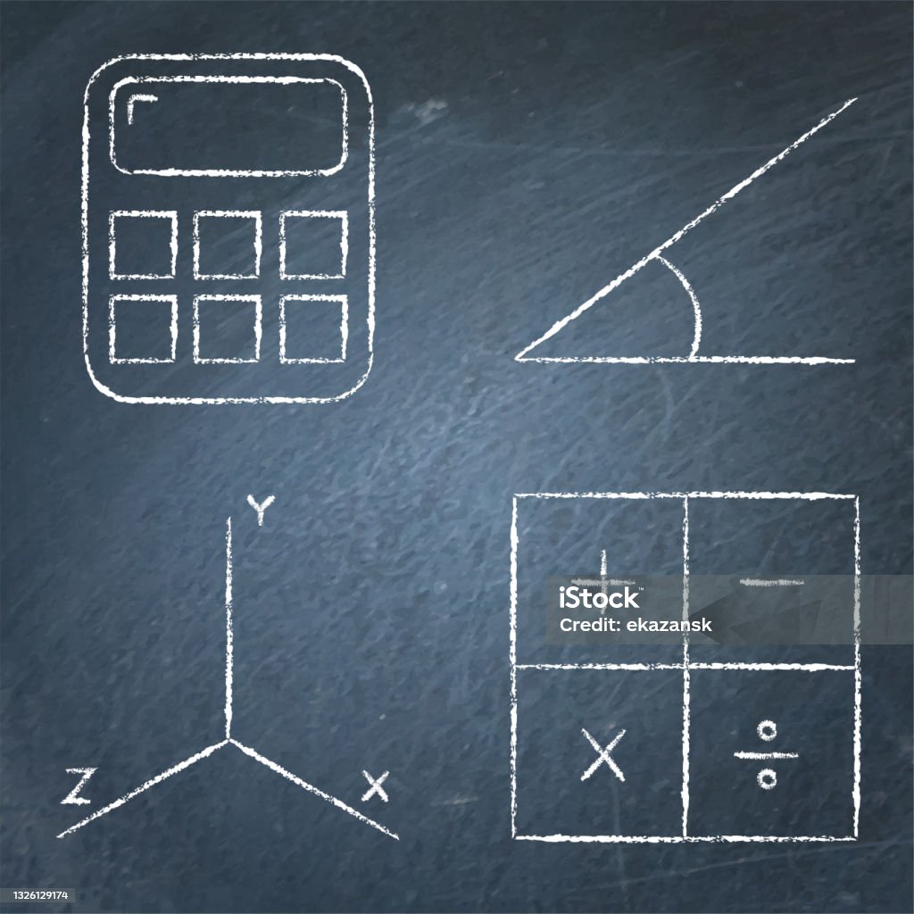 Mathematics Science Icons Set In Line Style On Chalkboard Stock