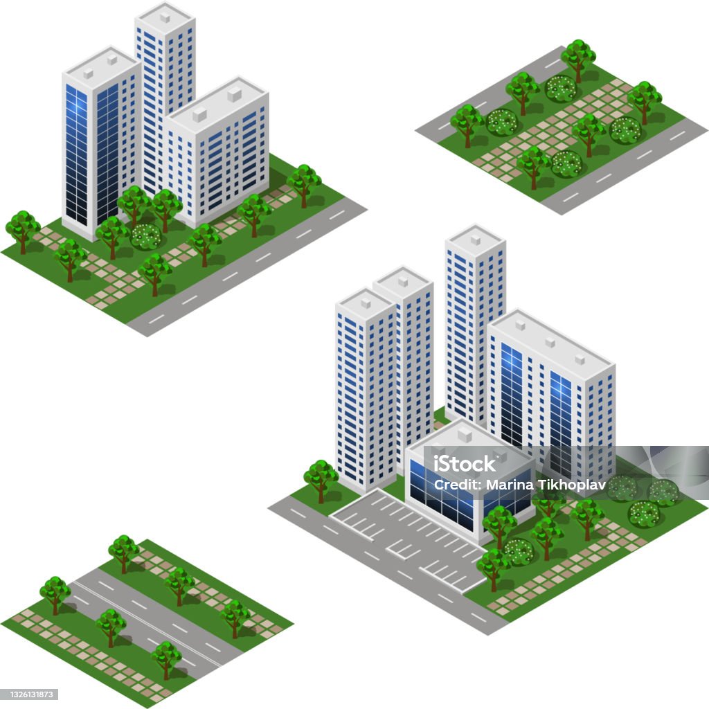 Ilustración De Conjunto Isométrico De La Ciudad Moderna Gran Edificio