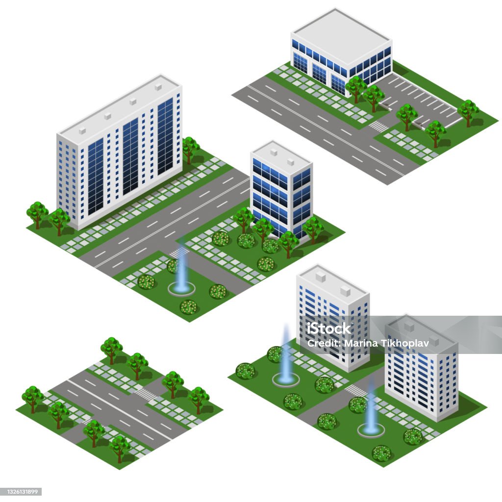 Ilustración De Conjunto Isométrico De La Ciudad Moderna Gran Edificio
