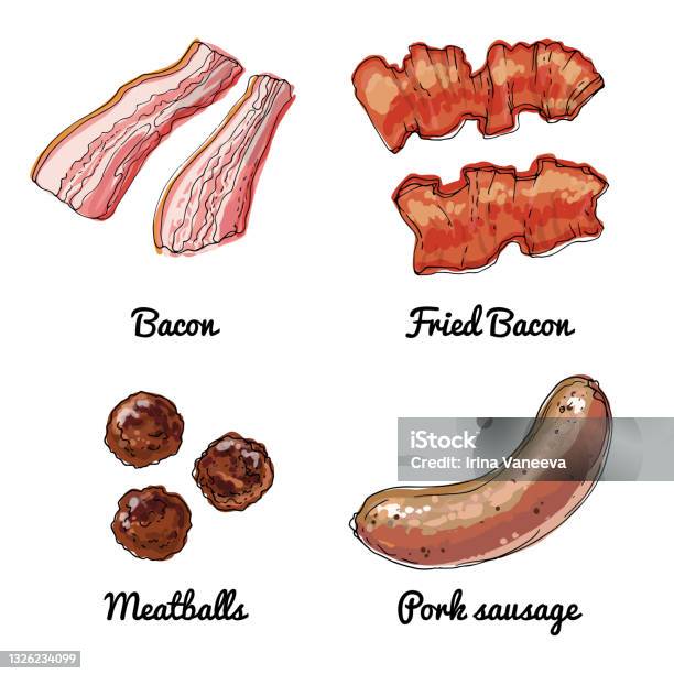 Ikon Makanan Vektor Daging Sketsa Berwarna Produk Makanan Bacon Bakso