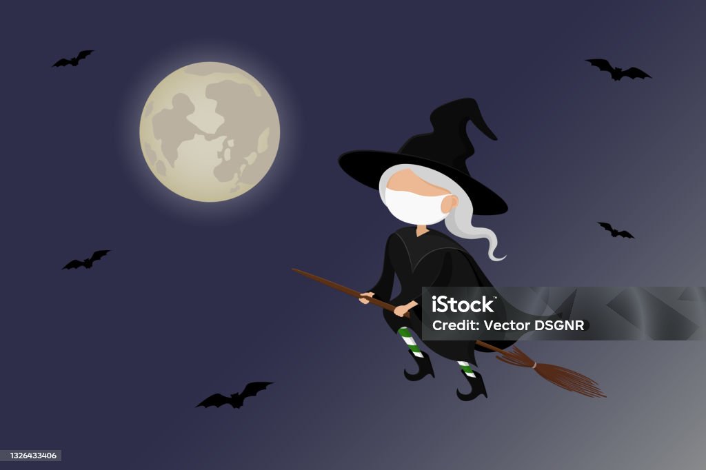 Penyihir Bertopeng Terbang Dengan Sapu Lidi Bulan Purnama Ilustrasi