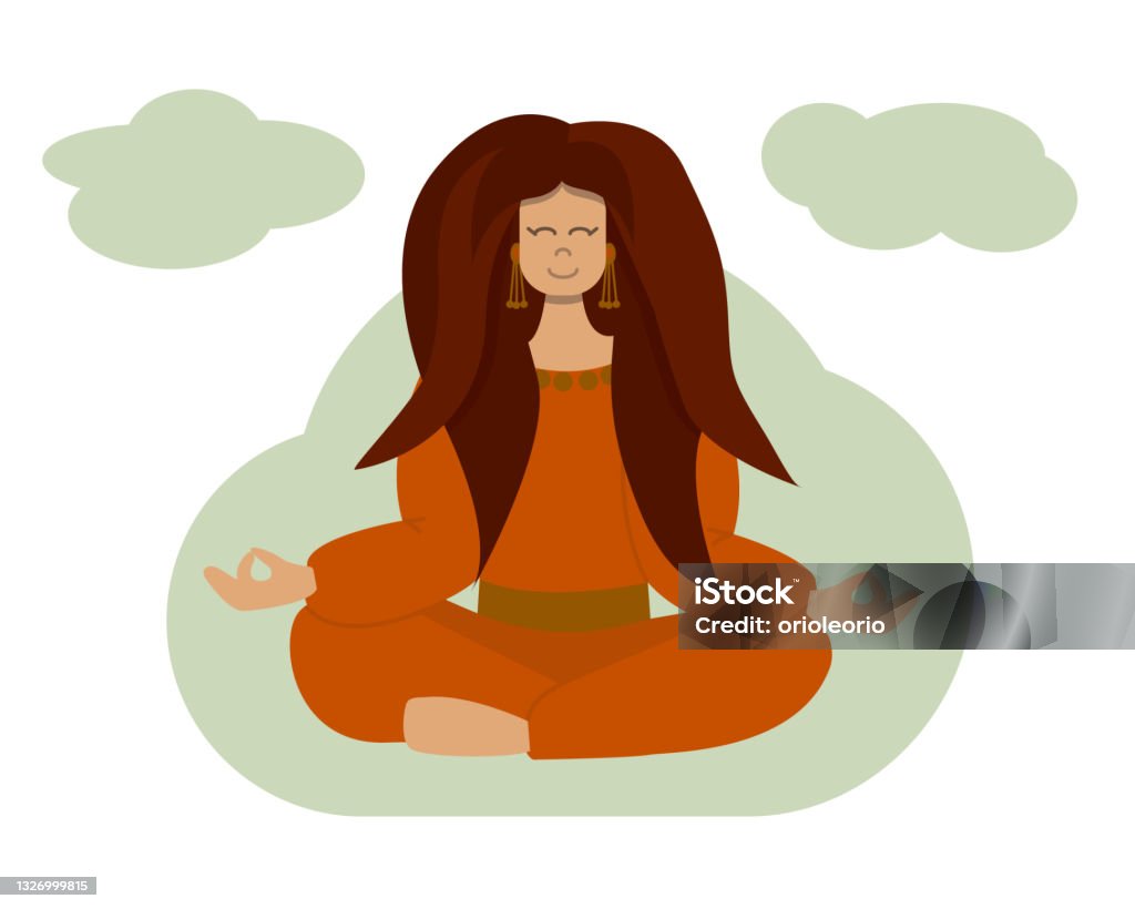The Girl Is Sitting In The Lotus Position And Meditating Long Hair And