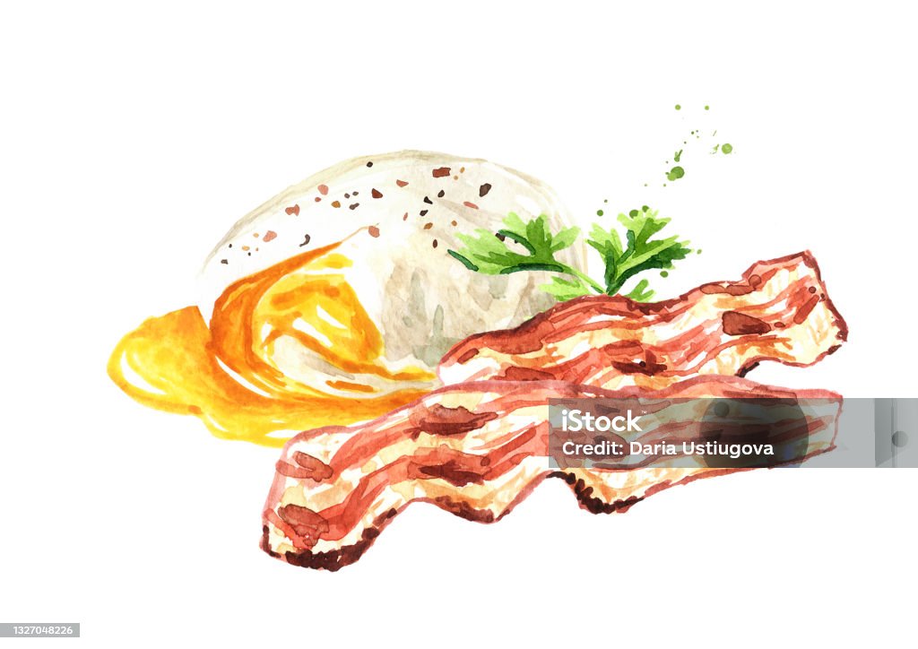 Poached Egg With Bacon Pieces And Fresh Herbs Hand Drawn Watercolor