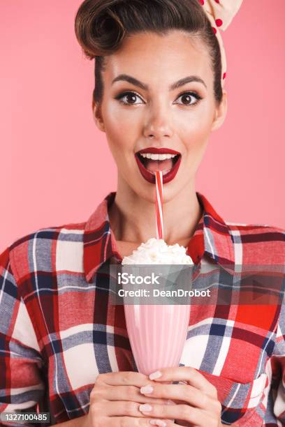 Excited Surprised Young Pinup Woman Holding Cocktail Stock Photo ... Excited Surprised Young Pinup Woman Holding Cocktail Stock Photo ...