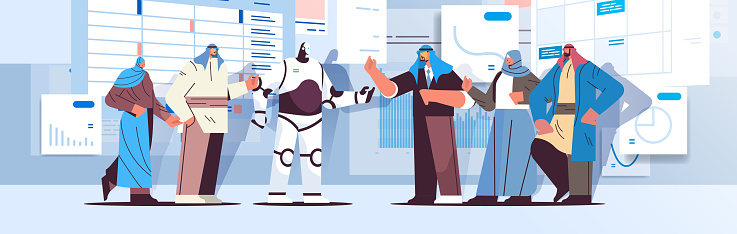 Robot Dengan Pebisnis Arab Menganalisis Grafik Statistik Dan Memetakan