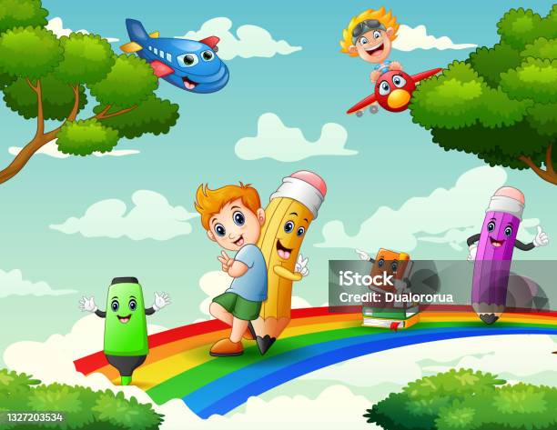 Kartun Anak Lakilaki Dan Pensil Di Pelangi Dengan Ilustrasi Alam ... Kartun Anak Lakilaki Dan Pensil Di Pelangi Dengan Ilustrasi Alam ...