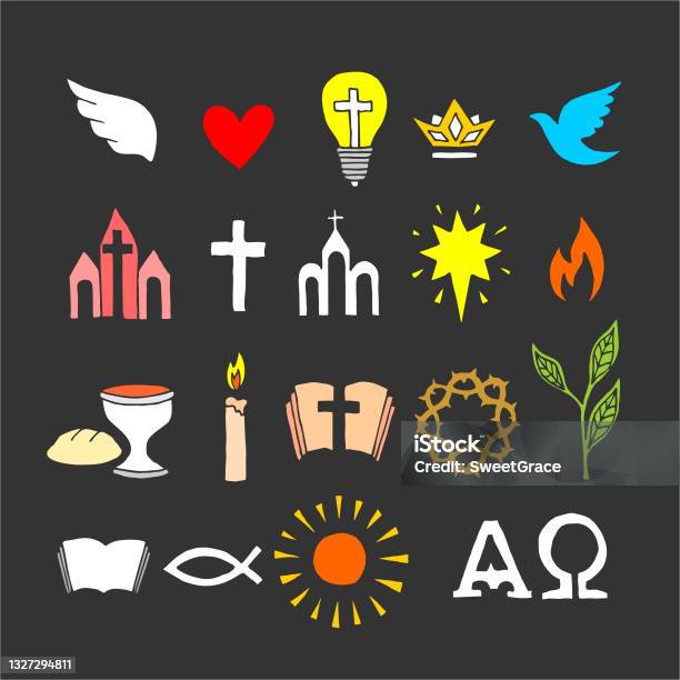 Simbol Dan Ikon Kristen Digambar Dengan Tangan Ilustrasi Vektor Alkitab