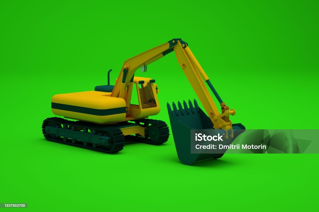 Model Isometrik Excavator Kuning Mesin Konstruksi Besar Dengan Latar