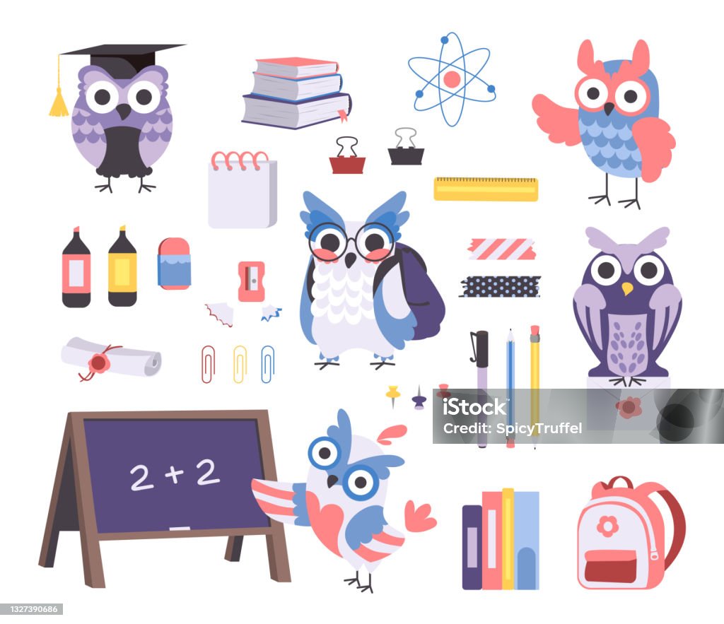 Chouette À Lécole Les Personnages Doiseaux De Dessins Animés Étudient