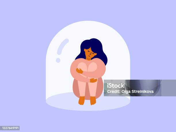 Vector Illustration Of Upset Woman Sitting Hugging Her Knees Under Real