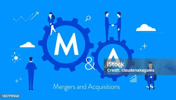 Merger Dan Akuisisi Konsep Gambar Gigi Dan Pebisnis Latar Belakang Biru