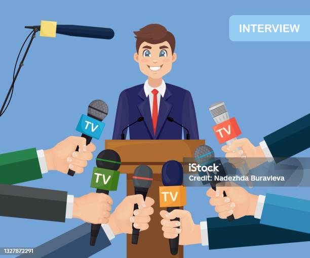 Public Speaker And Hands Of Reporters With Tv Microphones Breaking News ... Public Speaker And Hands Of Reporters With Tv Microphones Breaking News ...