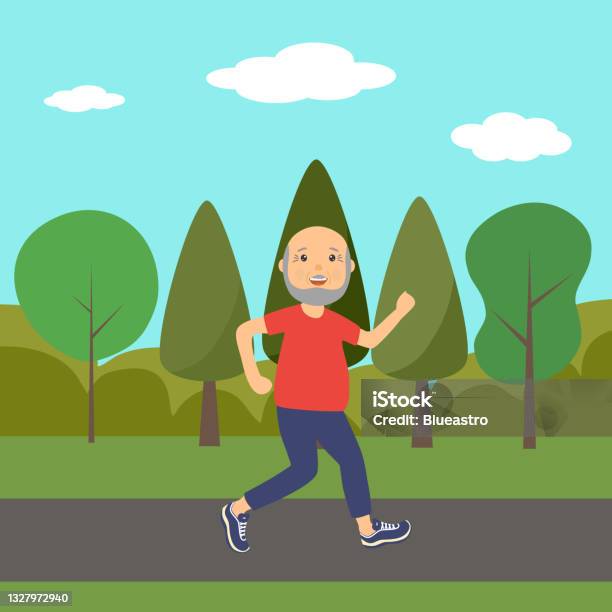 Orang Tua Berlari Di Taman Untuk Kesehatan Yang Baik Dalam Desain Datar