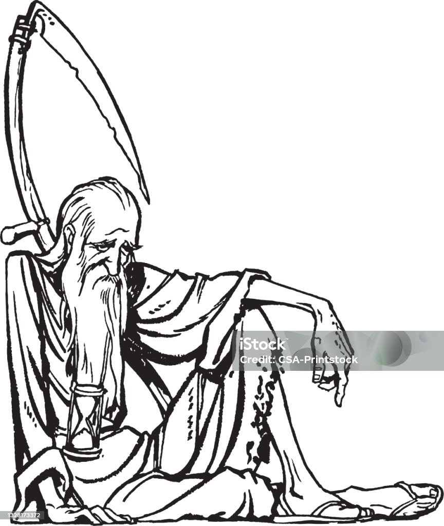 Old Man With Hourglass And Scythe Passing Time Symbol Stock