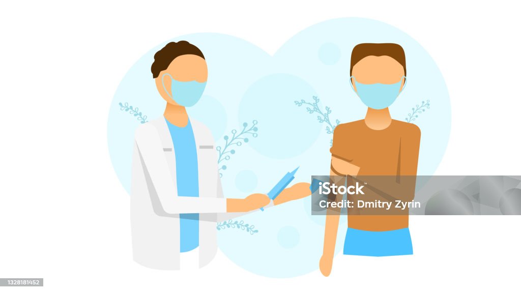 Stock Ilustrace Abstraktní Plochý Medic Muž Očkuje Pacienta A Oba Nosí
