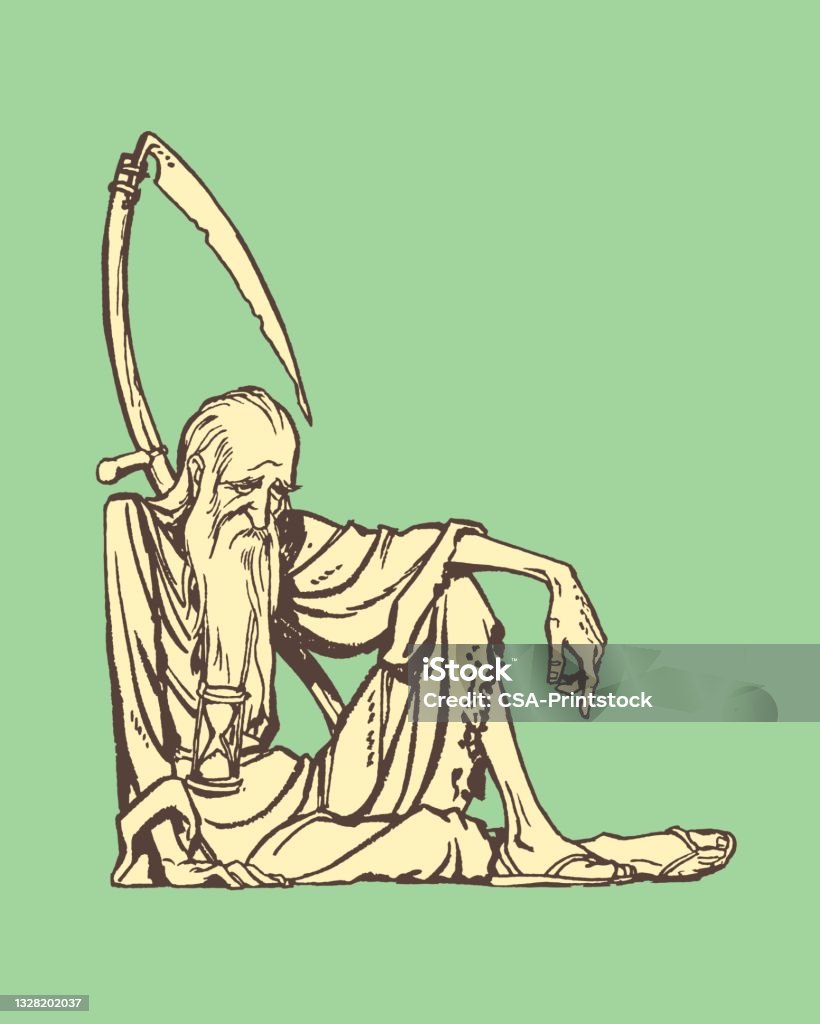 Old Man With Hourglass And Scythe Passing Time Symbol Stock