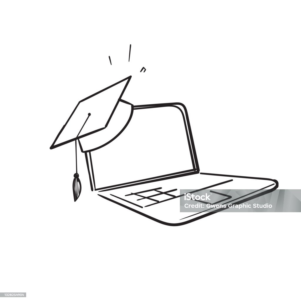Hand Draw Doodle Laptop And Graduation Hat Symbol For Education ... Hand Draw Doodle Laptop And Graduation Hat Symbol For Education ...
