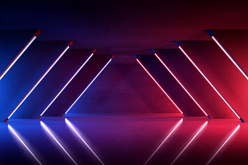 Rendering 3d Lampu Neon Bercahaya Futuristik Di Ruang Beton Ruang Scifi