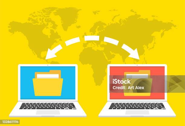 Dua Laptop Mentransfer Dokumen Konsep Transfer File Ilustrasi Vektor