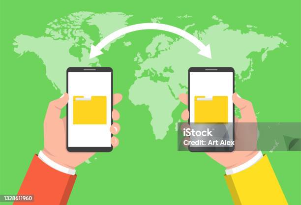 Dua Tangan Memegang Telepon Dan Mentransfer Dokumen Konsep Transfer