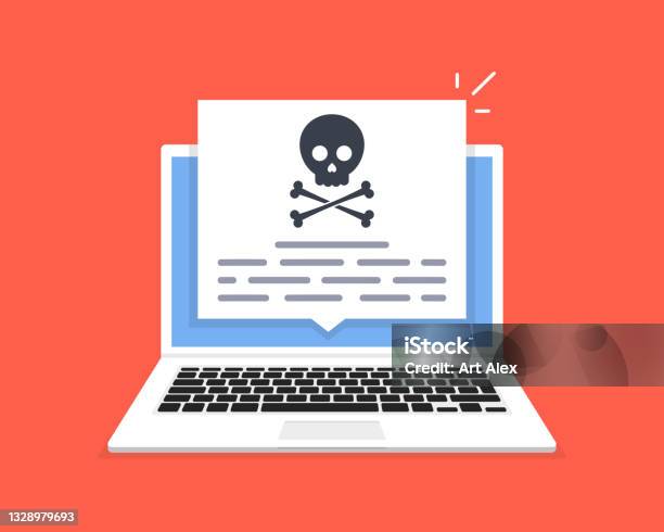 Laptopnya Diretas Pesan Tengkorak Di Layar Komputer Konsep Virus
