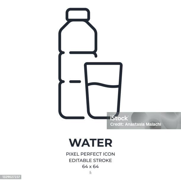 Bouteille Deau Et Verre Icône De Contour De Trait Modifiable Isolé Sur