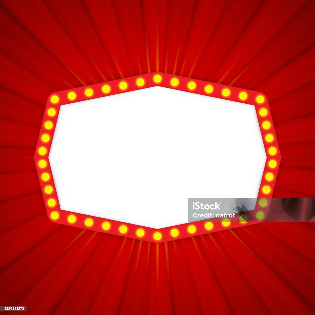Bingkai Retro Dengan Lampu Bercahaya Di Latar Belakang Sunburst Merah ... Bingkai Retro Dengan Lampu Bercahaya Di Latar Belakang Sunburst Merah ...