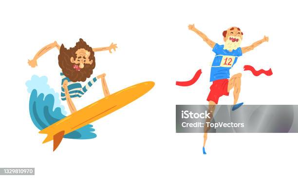 Elderly People Fun Leisure Activities Set Senior Man Riding Surfboard