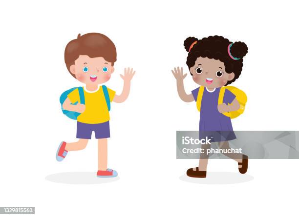 Ilustración de Niños Afroamericanos Con La Mochila Despidiéndose De ... Ilustración de Niños Afroamericanos Con La Mochila Despidiéndose De ...