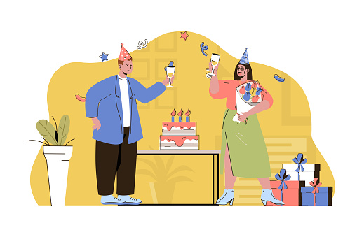 Concept De Fête Danniversaire Lhomme Félicite La Femme Lui Donne Des