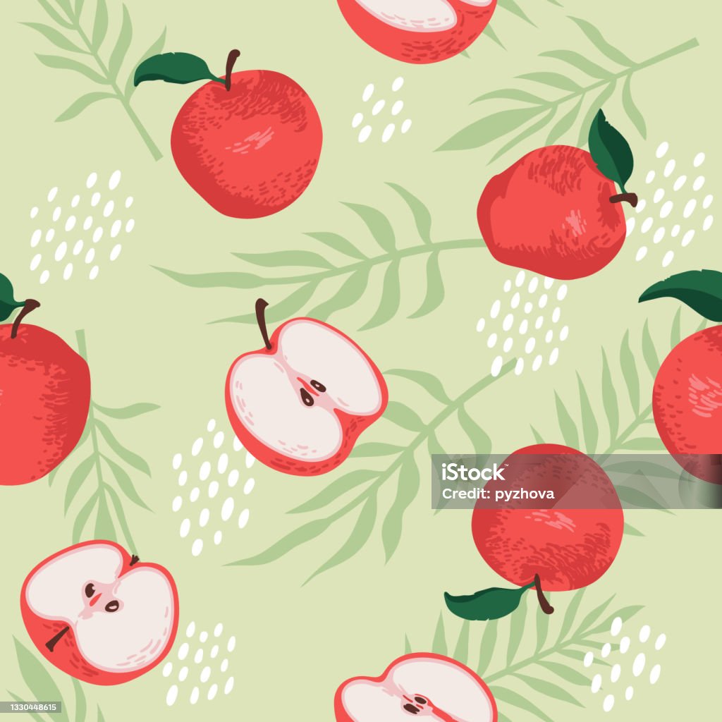 Vector Summer Pattern With Apples Flowers And Leaves Seamless Texture