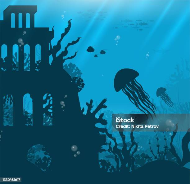 Siluet Terumbu Karang Dengan Ikan Dan Penyelam Scuba Dengan Latar ... Siluet Terumbu Karang Dengan Ikan Dan Penyelam Scuba Dengan Latar ...