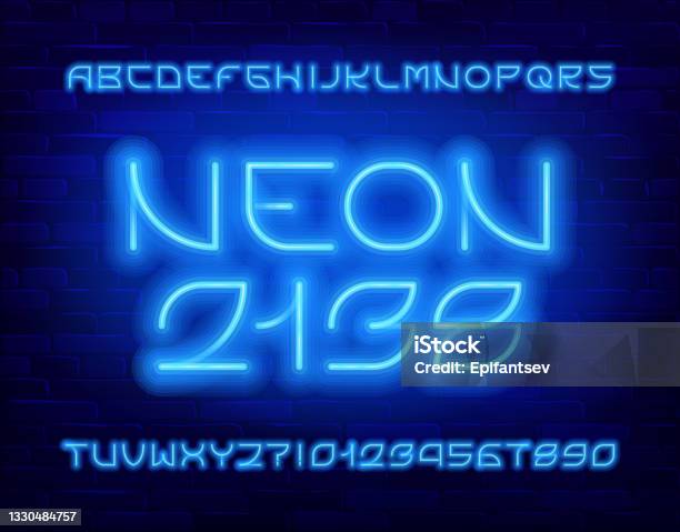 Neon 2138 Font Alfabet Huruf Lampu Neon Biru Angka Dan Tanda Baca Latar
